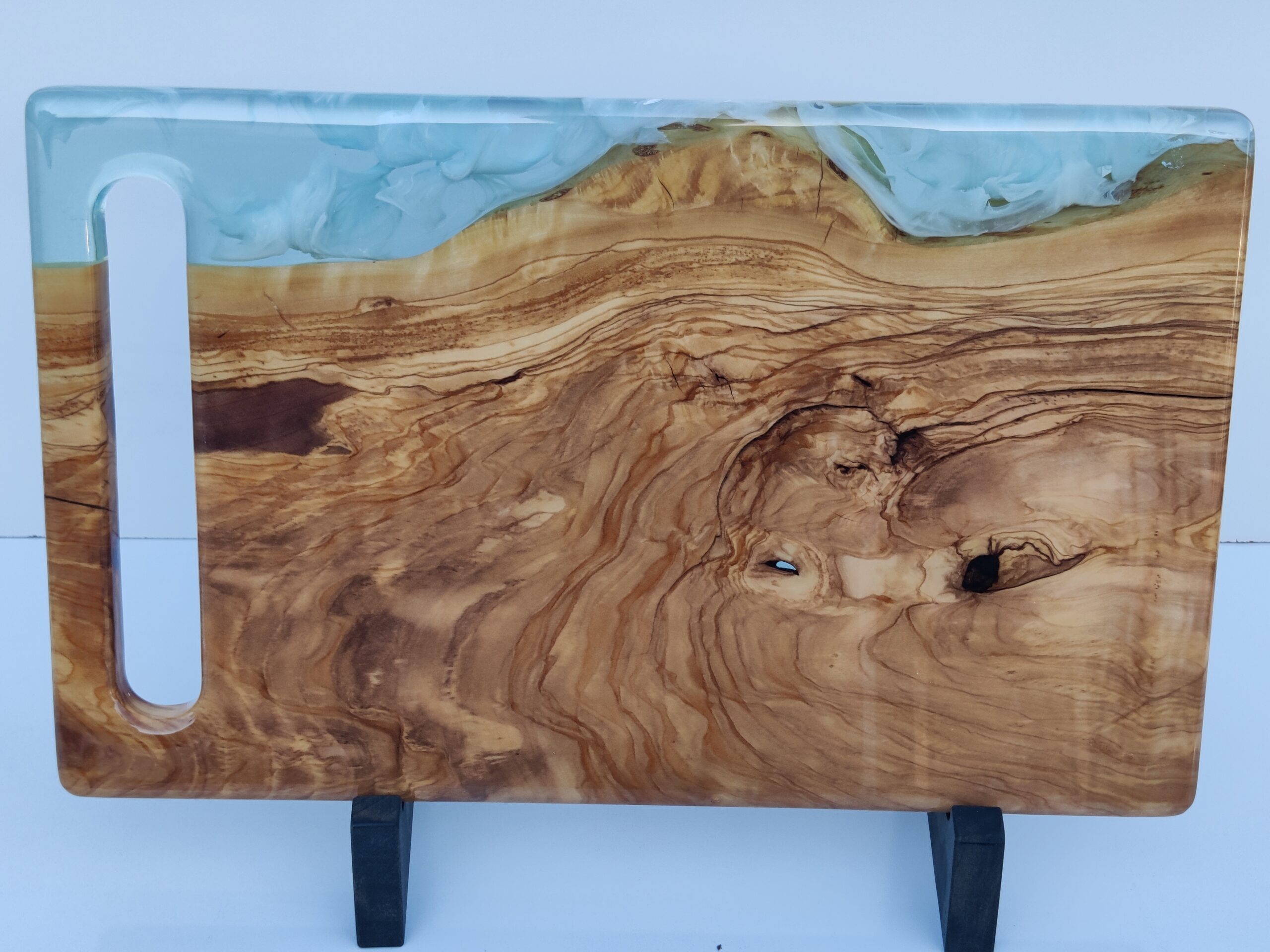 Olive Wood and Blue Transparent Epoxy Tray with White Wispy Highlights ...